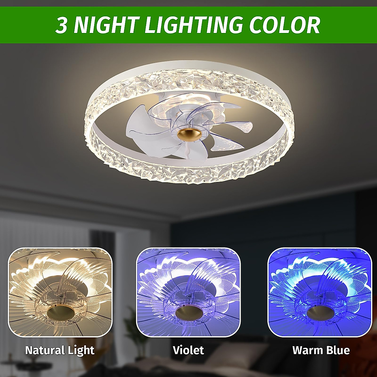 Feqwgny 2023 Upgraded Ceiling Fan 4111 White Ceiling Fans with Lights App & Remote Control, 6 Wind Speeds Modern Ceiling Fan, Timing & 3 Led Color Led Ceiling Fan for Bedroom, Small Room