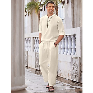 COOFANDY Men's 2 Pieces Cotton Linen Set Long Sleeve Henley Shirts Casual Beach Pants With Pockets Summer Yoga Outfits
