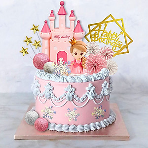 19PCS Princess Cake Topper Castle Cake Decoration for Girl with Snowflake and Stars for Girl Kid Happy Birthday Party Decorations Princess Baby Shower Supplies (Pink)