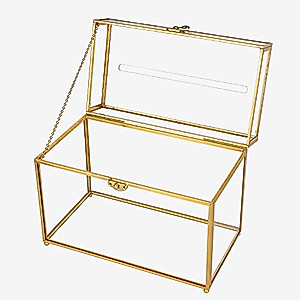 REDHUGO 10x5.5x7.7 inches Gold Glass Card Box Handmade with Slot, Wedding Card Boxes for Reception, Graduation, Gift Cards, Party, Brass Geometric Terrarium, Golden Decorative Box, Medium