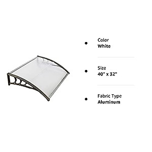 Flandre, Patio Door Window Awning Canopy, Polycarbonate Cover Front Door Outdoor Patio Awning Canopy UV Rain Snow Protection Hollow Sheet (40In x 32In, White CanopyGray Bracket), 40In x 32In, HT 100