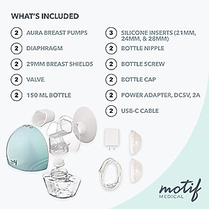 Motif Medical Aura Hands Free Portable Breast Pump, Wearable Double Breast Pump - Lightweight, Wireless, Battery Operated,12 Suction Levels, Holds 4+ oz, Pairs with App