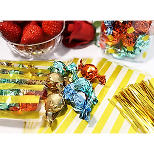 HOPEMT (200 pcs)100 pcs Gold Stripes Translucent Plastic Bags/Cellophane Bags with 100 pcs Gold Twist Ties for Cookie,Cake,Chocolate,Candy,Snack Wrapping Good for Bakery Party
