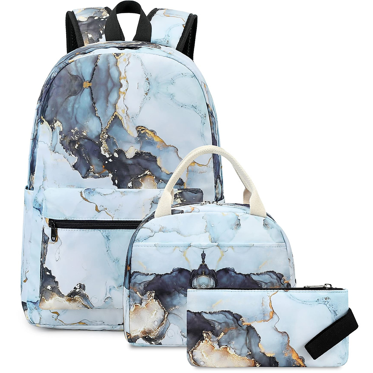 Girls School Backpack Marble Schoolbag Laptop Bookbag Insulated Lunch Tote Bag Purse Teens Boys Kids (Marble 23- Blue 3 piece)