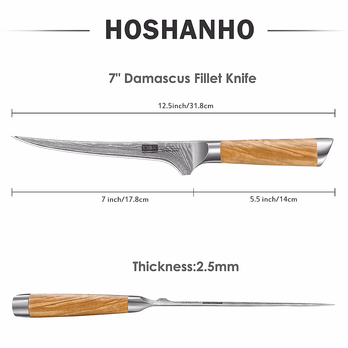 HOSHANHO 7 Inch Damascus Fillet Knife, Professional VG-10 Super Steel Japanese Boning Knife, Ultra Sharp Fish Knife with Ergonomic Olive Wood Handle