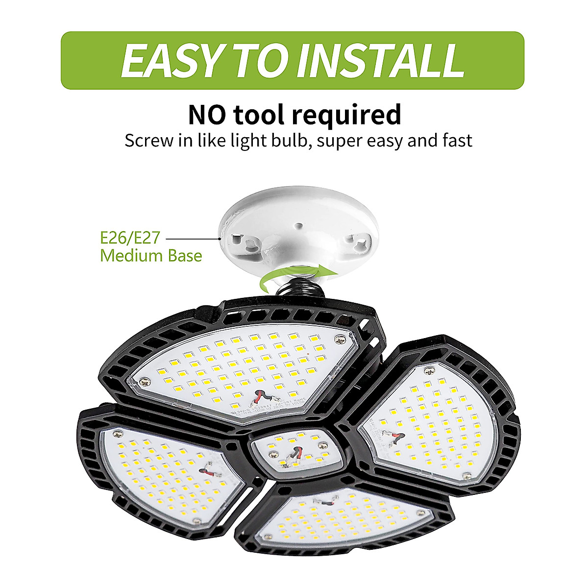 PINEGREEN LIGHTING LED Garage Light, Features Down Light Design 15000LM Ultra Bright Energy Efficient 100W (900W Equivalent) Premium Metal Housing Deformable 4 Adjustable Panels 15000 Lumen E26 Base