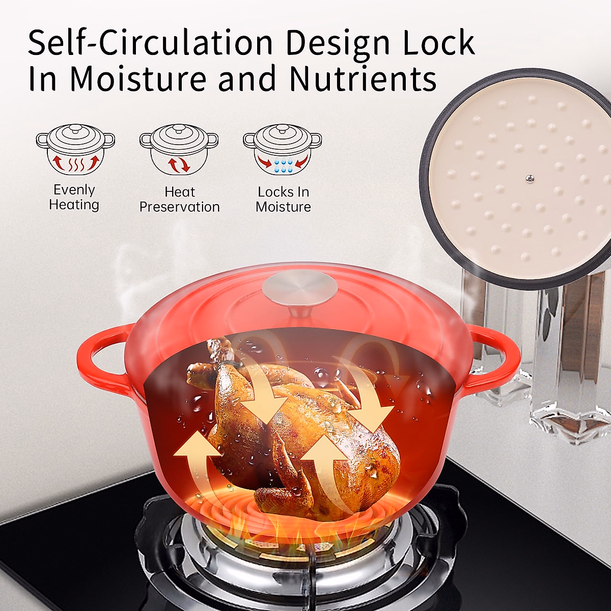 CookNexa 6 Quart Enameled Cast Iron Dutch Oven Pot with Lid and Silicone Accessories, Oven Safe up to 500°F or on Stovetop, Non-stick Dutch Oven for Bread Baking, Cooking, Dual Handles Cookware, Red