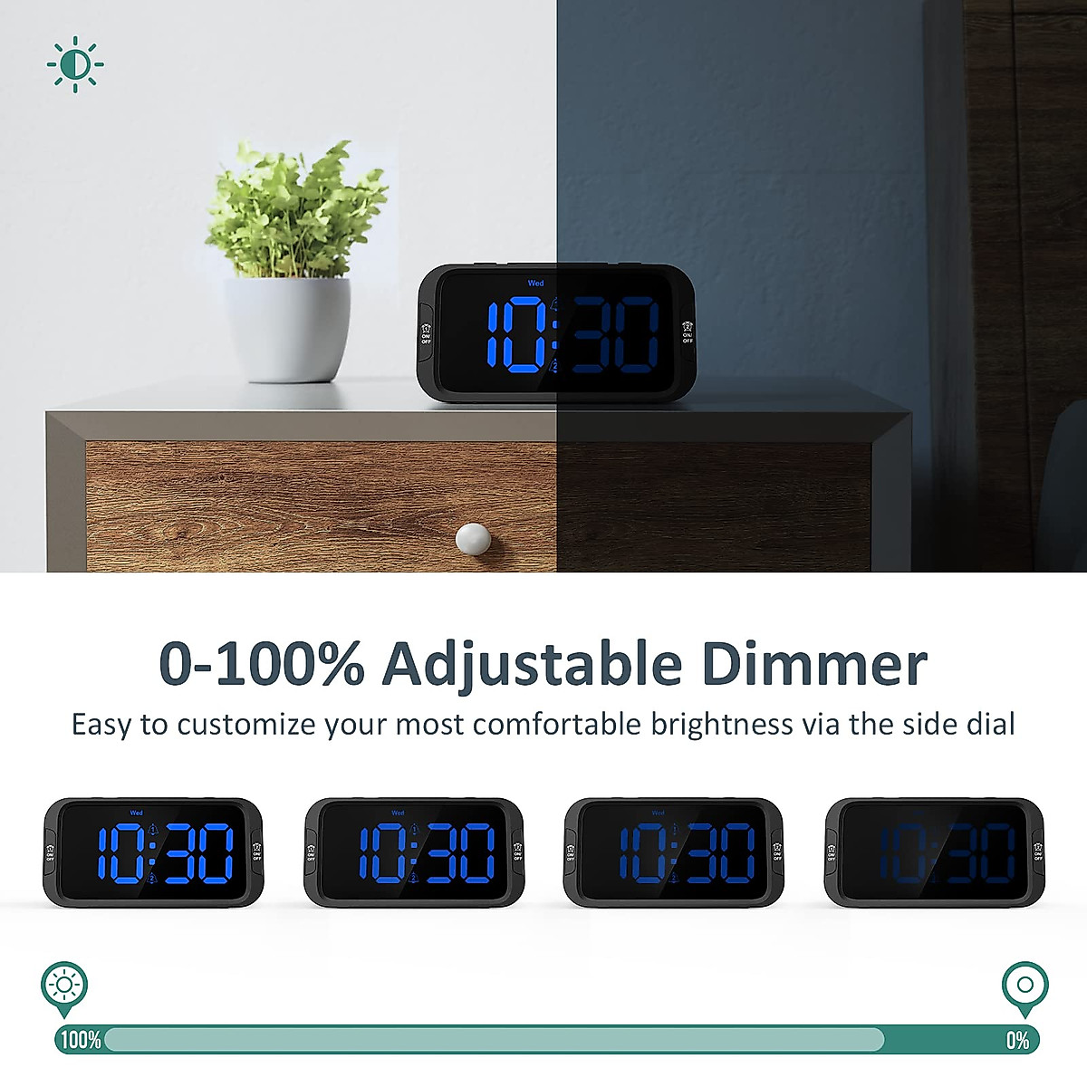 Odokee Digital Dual Alarm Clock for Bedroom, Easy to Set, 0-100% Dimmer, USB Charger, 5 Sounds Adjustable Volume, Weekday/Weekend Mode, Snooze, 12/24Hr, Battery Backup, Compact Clock for Bedside(Blue)