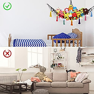 KanYool Stuffed Animal Net or Hammock, Boho Net Hammock for Stuffed Animals with Led Lights Wall Corner Storage Hanging Plush Toy Net with Tassels Teddy Bear Net Black