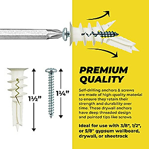 #8 Self Drilling Drywall Plastic Anchors with Screws - No Pre Drill Hole Preparation Required - 75 Lbs