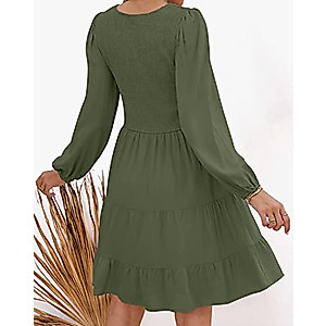 ZESICA Women's Casual V Neck Long Sleeve Smocked High Waist Ruffle A Line Tiered Mini Dress,ArmyGreen,Medium
