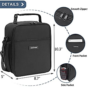 EurCross Insulated Rectangle Lunch Box with Carrying Strap, Portable Flat Mens Lunchbox for Work, 32% Larger than other Slim Small Lunch Bag, Reusable Mini Cooler Bag for Women Adult, Black