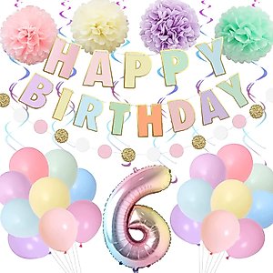 6th Birthday Decorations for Girls Boys, 40 Inch Rainbow Gradient Number 6 Balloon, 6th Birthday Balloon, Happy Birthday Banner, Children’s 6th Birthday Party Supplies for Kids