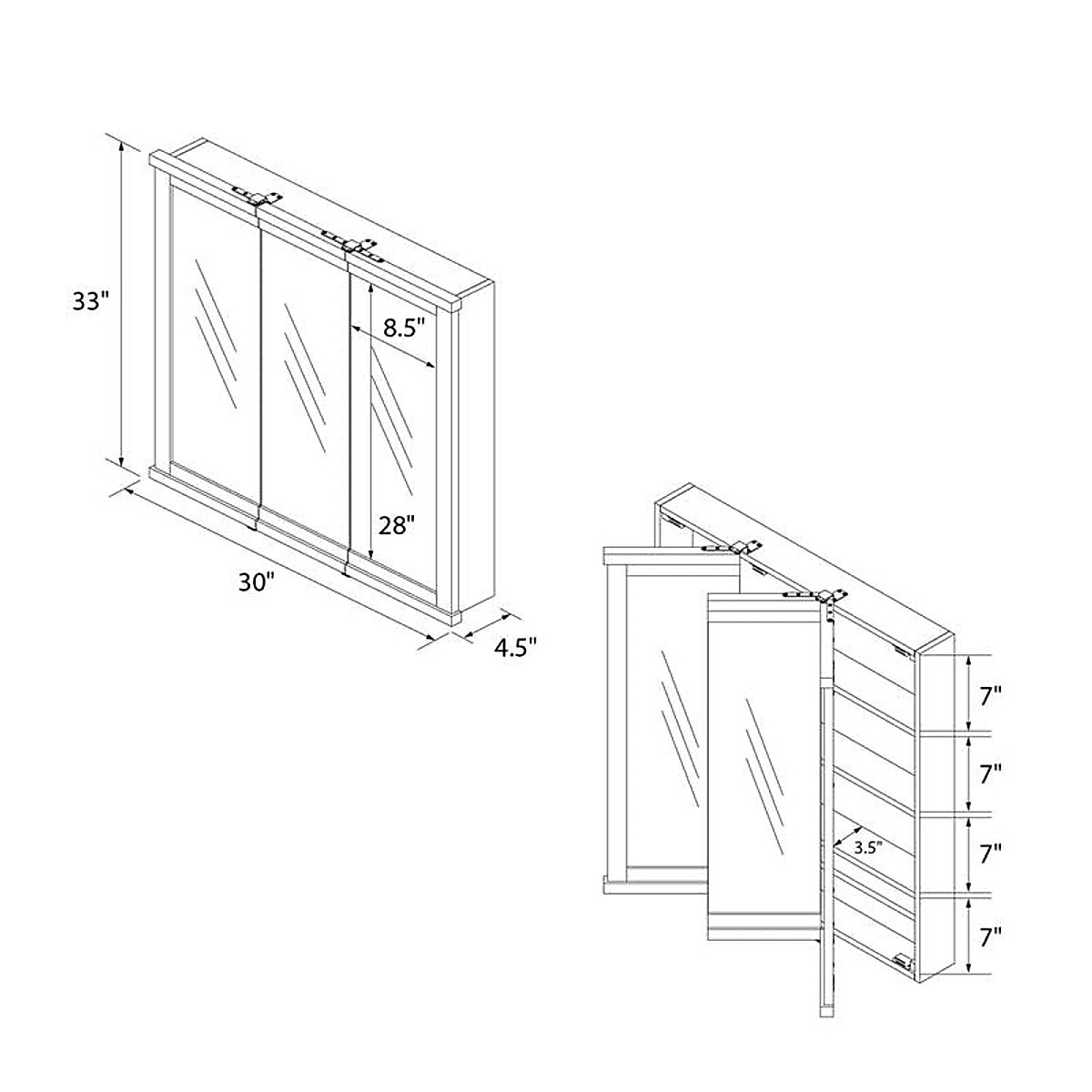 DHP Otum Bathroom 3 Door Mirrored Medicine Cabinet and Organizer, Surface Mount Wall Storage, White