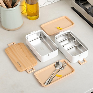 gimmiebox premium stainless steel bento box lunch box with compartments for adults, spoon and fork, leak-proof, easy side locks (White)