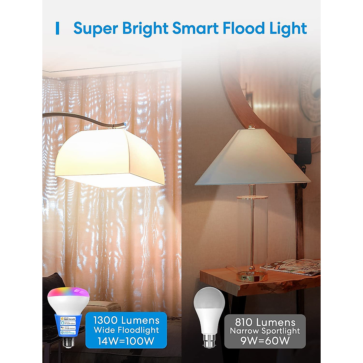 meross Smart Light Bulb, BR30 Flood WiFi LED Bulbs Compatible with Apple Home, Alexa, Google Assistant & SmartThings, Dimmable E26 Multicolor 2700K-6500K RGBCW, 1300 Lumens 100W Equivalent, 2 Pack