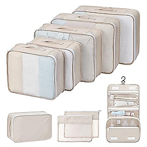 Easortm Packing Cubes 9 Set, Suitcase Organizer Bags Set Travel Cubes Durable Luggage Bags for Travel, Luggage Organizer for Travel Essentials.(Beige)