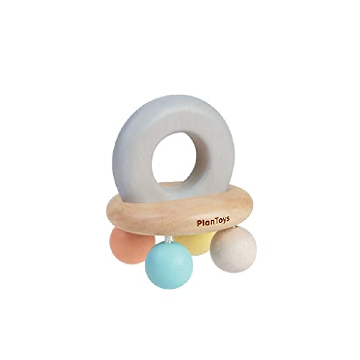 PlanToys Wooden Bell Rattle and Teether Toy (5250) | Pastel Color Collection |Sustainably Made from Rubberwood and Non-Toxic Paints and Dyes