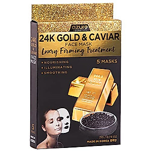 AZURE 24K Gold and Caviar Anti Aging Luxury Face Mask - Hydrating & Firming Facial Mask - Helps Reduce Wrinkles & Fine Lines - With Hyaluronic Acid & Collagen - Skin Care Made in Korea - 5 Pack