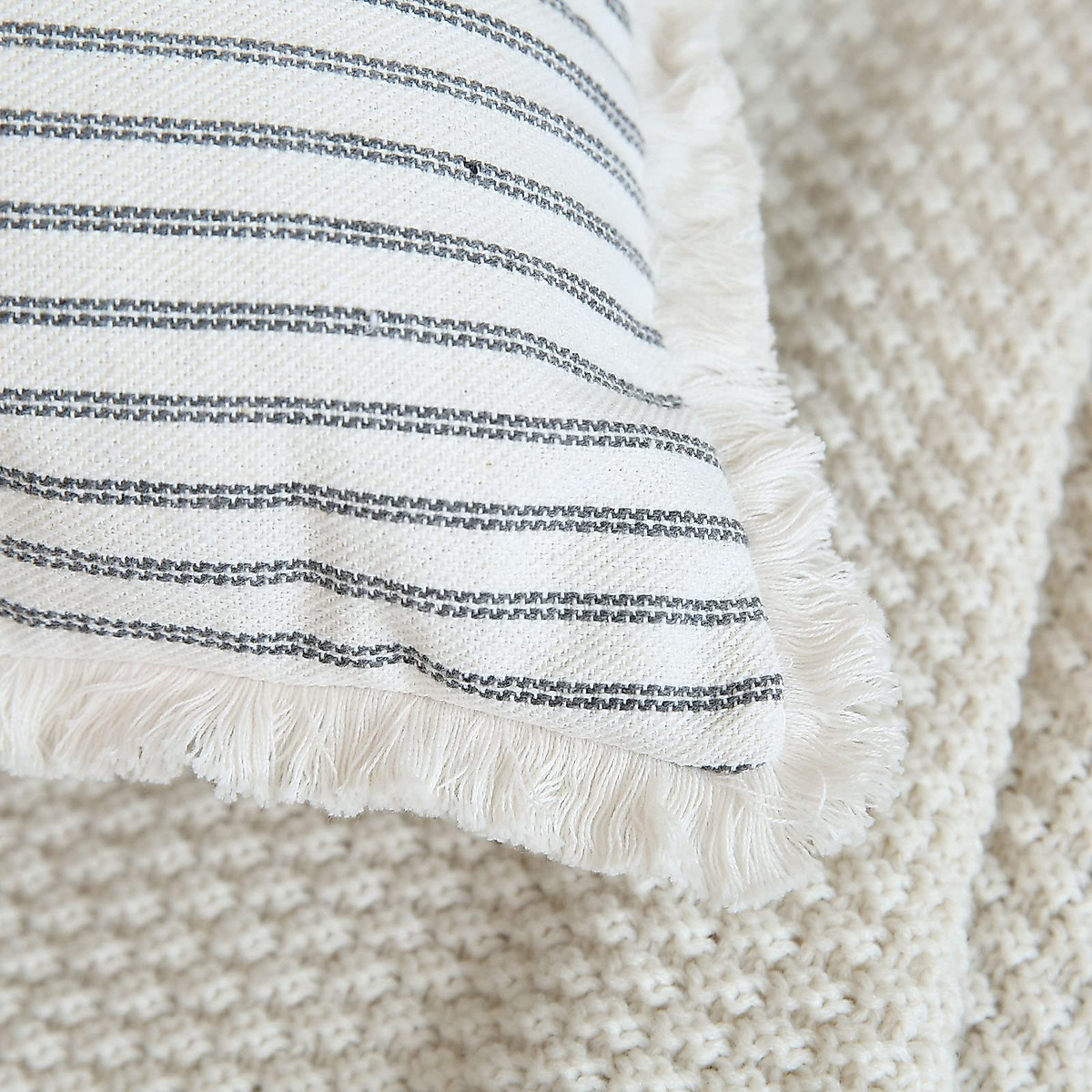 Hckot Throw Pillow Covers 18x18 Set of 2 Striped Pillow Covers with Fringe Chic Cotton Decorative Pillows Square Cushion Covers for Sofa Couch Bed Living Room Farmhouse Decor,Grey