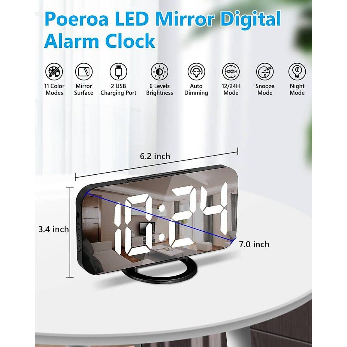 Digital Alarm Clocks,7" LED Mirror Electronic Clock,with 2 USB Charging Ports,Snooze Mode,Auto Adjust Brightness,Modern Desk Wall Clock for Bedroom Living Room Office - Black