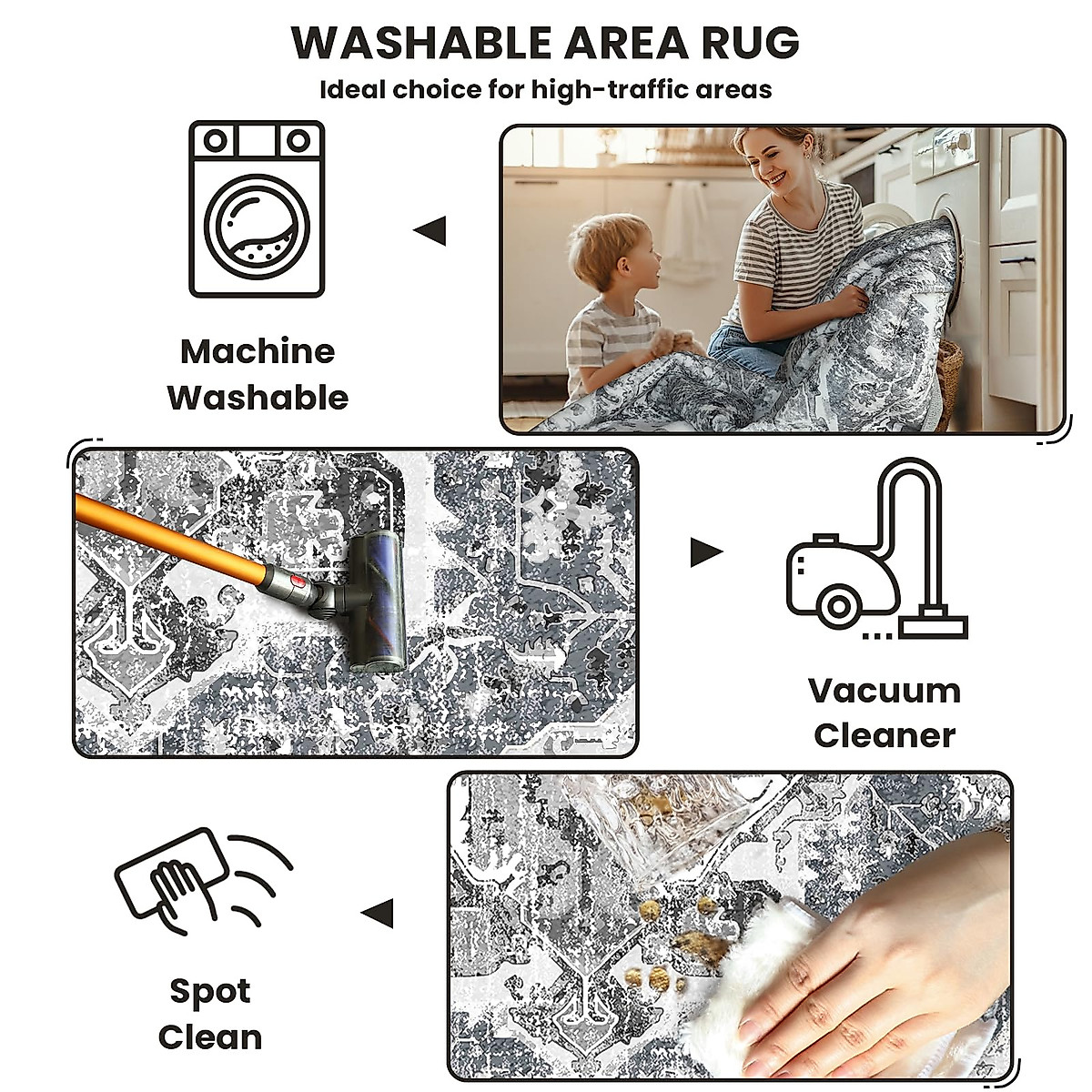 QD-Udreamy Area Rugs for Living Room - 9x12 Area Rugs, Machine Washable Rugs 9x12, Non-Slip, Stain Resistant Soft Boho Vintage Large Carpet Low Pile Thin Rugs for Living Room Bedroom