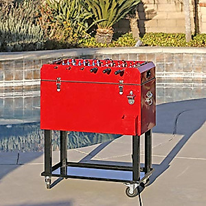 68 Quart Patio Cooler Ice Chest with Foosball Table Top, 17 Gallon/ 65L Outdoor Rolling Beverage Cart, Red Portable Patio Party Bar Cold Drink Rolling Cart on Wheels with Tray Shelf