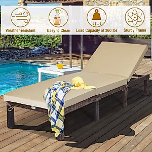 Tangkula Rattan Wicker Chaise Lounge Chair, Outdoor Patio Lounger Recliner Chair w/Adjustable Backrest, Heavy-Duty Reclining Chair Sunbed with Thick Zippered Cushion for Garden Yard Patio (2, Brown)