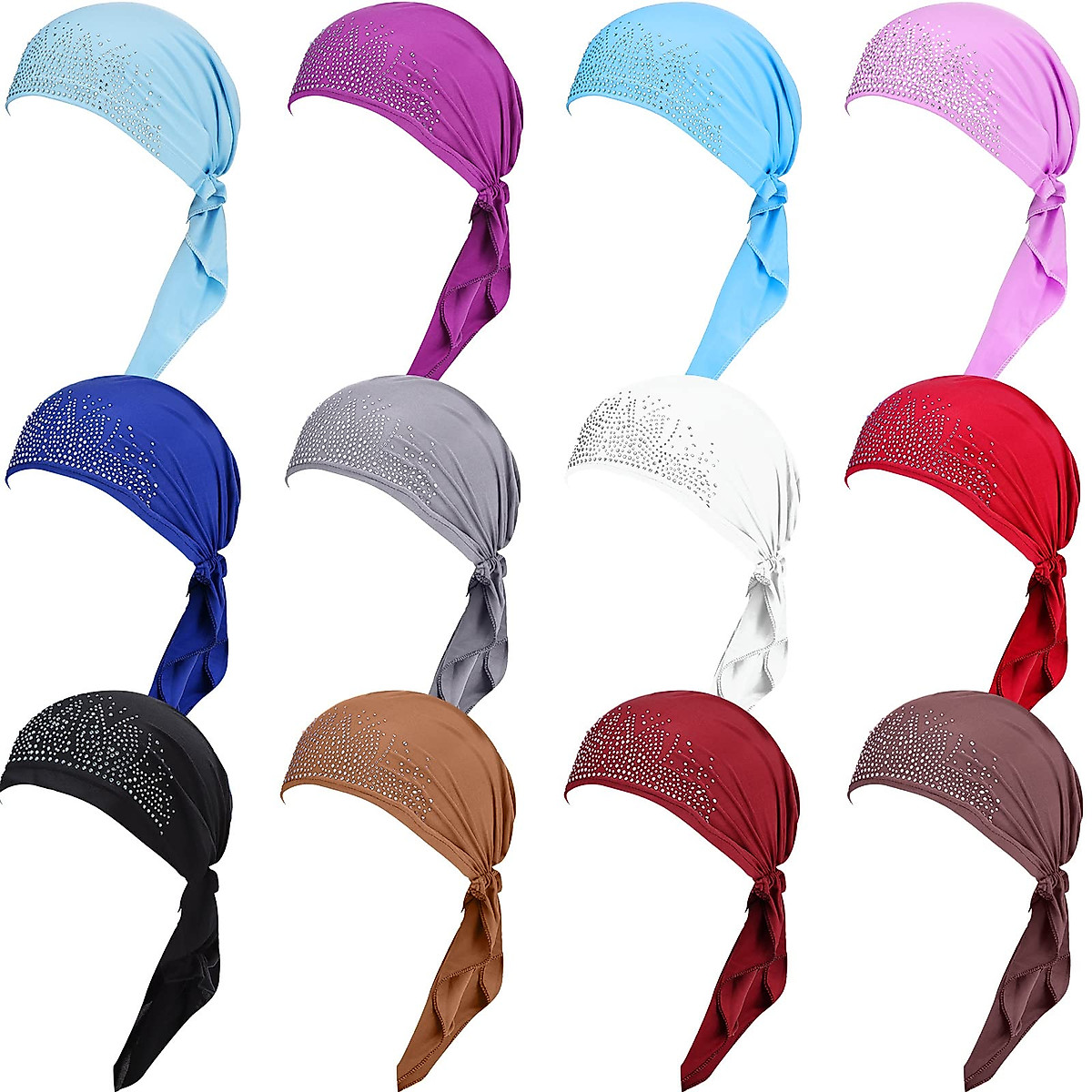 Mumufy 12 Pcs Chemo Head Scarf Pre Tied Stretchy Head Wrap Hair Turban Alopecia Durag for Women Rhinestone Bandana Skull Cover Scarf Headbands for Women Cold Caps for Chemotherapy to Prevent Hair Loss