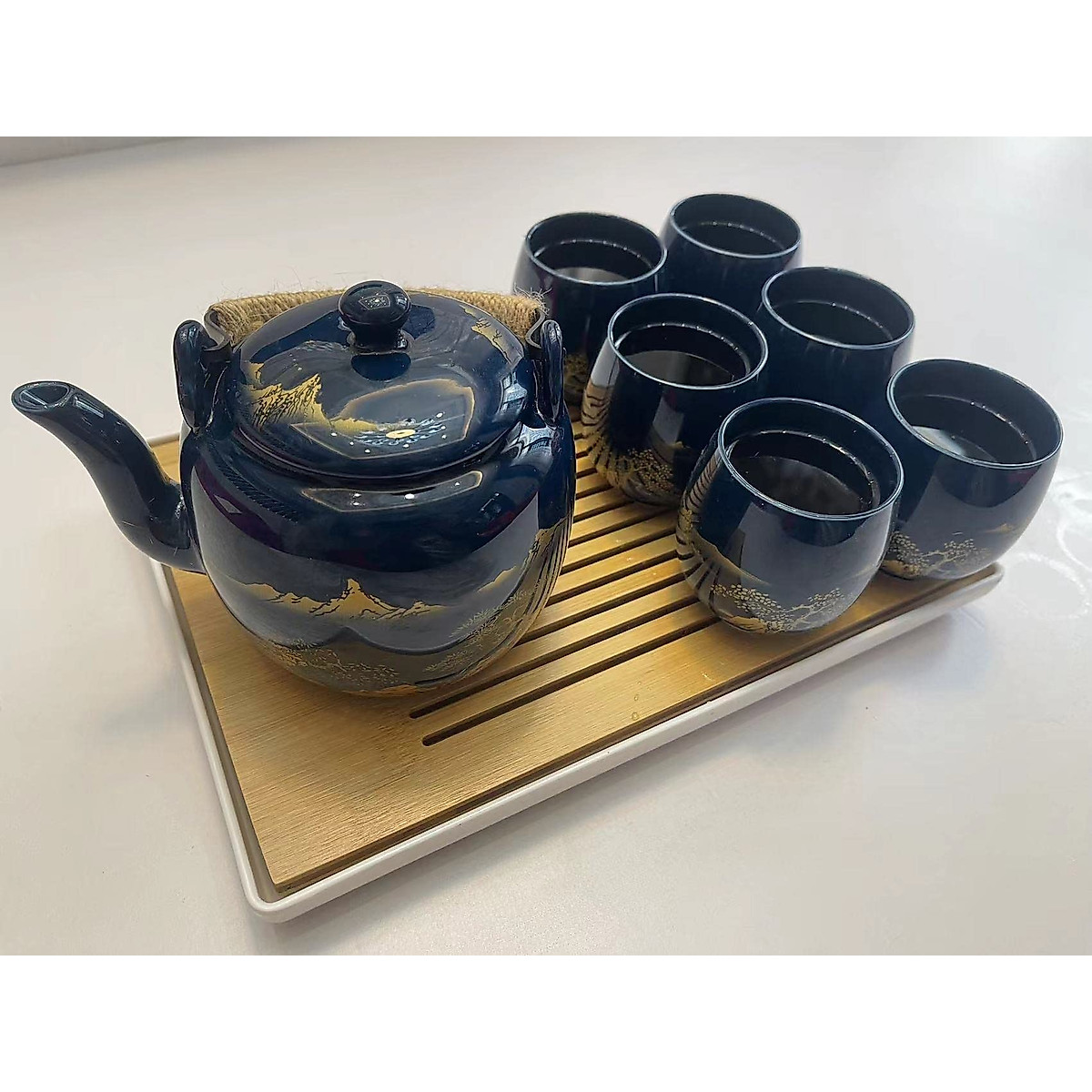 Japanese Tea Set, Black Glazed Tea Set in Gift Box With 1 Teapot, 1 Tea Strainer, 1 Tea Tray and 6 Tea Cups. Ideal Tea Set for Office Home, Asian Tea Sets for Tea Lovers(Landscape Blue)