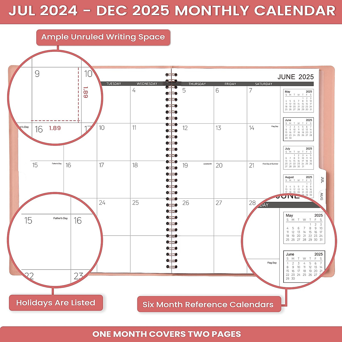 2024-2025 Monthly Planner - Monthly Calendar/Planner 2024-2025, JUL. 2024 - DEC. 2025, 9'' x 11'', 18 Monthly Planner Spiral Bound with Soft Leather Cover, 15 Note Pages, Monthly Tab, Inner Pocket