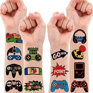 Gamer Temporary Tattoos Themed Birthday Party Decorations Supplies Favors Decor Cute Tattoo Stickers 8 Sheets 96 PCS Gifts for Kids Boys Girls Games Classroom Rewards Prizes Carnival Christmas