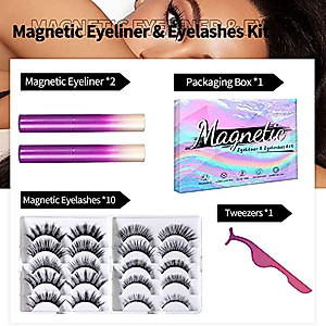 Magnetic Eyelashes with Eyeliner, 10 Pairs 3D Natural Look False Eyelashes, Magnetic Eyelashes and Eyeliner Kit, Reusable Magnetic Lashes with Eyeliner and Tweezers, No Glue