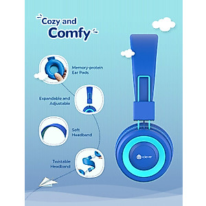 iClever Kids Bluetooth Headphones, BTH02 Kids Headphones with MIC, 22H Playtime, Bluetooth 5.0 & Stereo Sound, Foldable, Adjustable Headband, Childrens Headphones for iPad Tablet School (Blue)