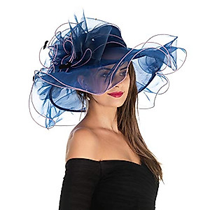 Women's Organza Church Kentucky Derby British Fascinator Bridal Tea Party Wedding Hat Summer Ruffles Cap (H5-Navy Line)