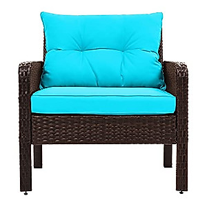 EMKK Furniture 6 pcs Outdoor Patio Sectional Couch PE Wicker Rattan Sofas Set Dining Table with Removable Cushions and Tempered Glass Tea for Backyard, Poolside, Deck, Brown +Blue