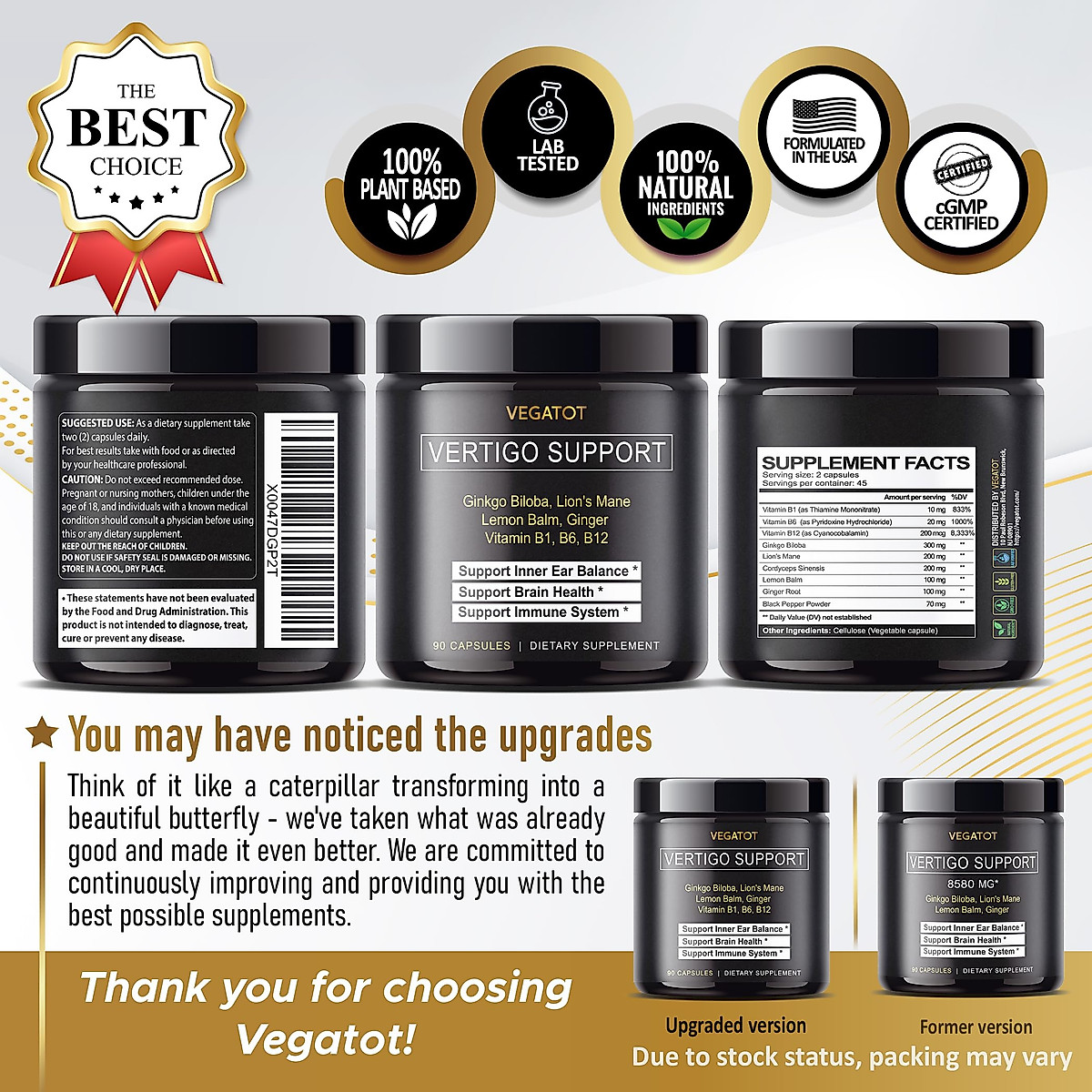 VEGATOT Vertigo Supplement *USA Made and Tested* Inner Ear Supplement with Ginkgo Biloba Lion's Mane Lemon Balm Ginger VIT B1, B6, B12- for Dizziness Spinning Inner Ear Balance