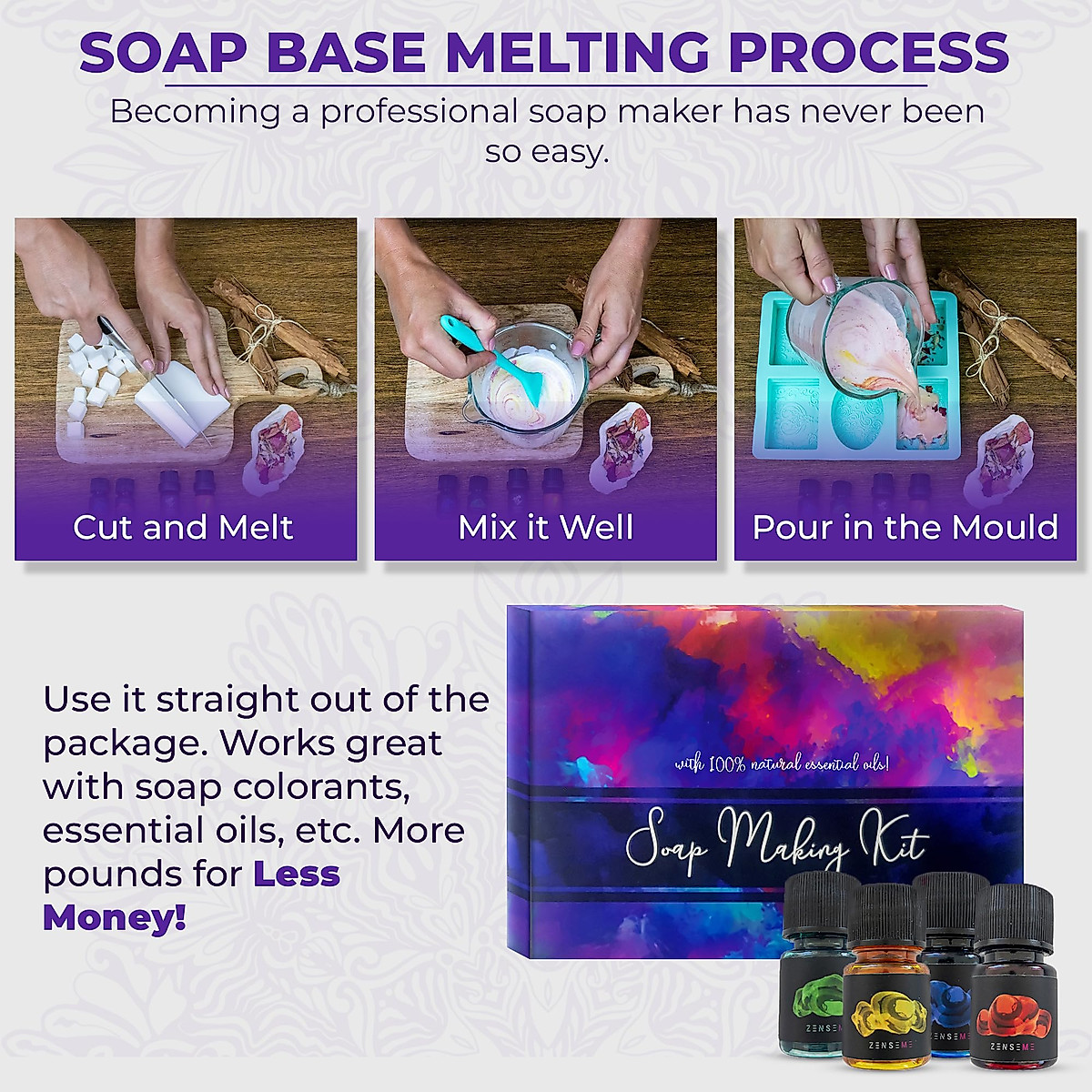 Soap Making Kit for Adults, Make Your Own Soap with Melt and Pour diy Natural Soap supplies; 6 Essential Oils, Silicone Soap Mold, Spoon, Dried Flowers, 2lbs. Shea Butter Soap Base, 4 Colors, 9 Labels