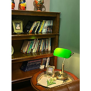 FIRVRE Glass Bankers Desk Lamp USB Wireless Charging Port LED Desk Lamp Classic Retro Pull Chain Switch Table lamp Reading Modern for Home Office nightstand Bedside Study Desk Library (Green)