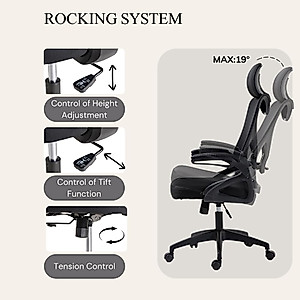 Ergonomic Office Desk Chair with Wheels High Back Computer Task Chair Home Mesh Swivel Desk Chair with Adjustable Back Height Flip up Arms Lumbar Support Headrest for Home/Study/Working