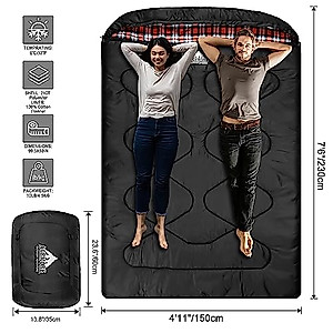 AGEMORE Cotton Flannel Double Sleeping Bags for Adults, 2 Person Waterproof Queen Size Sleeping Bag, Double Wide and Warm for Family or Couples Cold Weather Outdoor Camping or RV Traveling