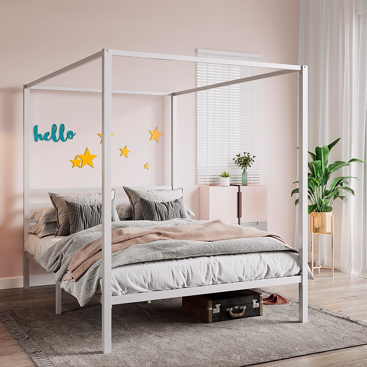 SHA CERLIN Metal Canopy Bed Frame Full Size/Mattress Foundation with Metal Slats Support/No Box Spring Needed/Easy Assembly/White