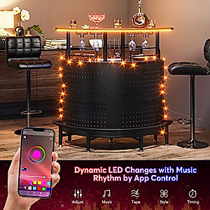 Tribesigns Smart Led Bar Table, 3-Tier Liquor Bar Unit with RGB Lights, Wine Glasses Holder and Storage Shelves, Alcohol Bar Cabinet with Mesh & Footrest Mini Bar Buffet Sideboard for Home Kitchen