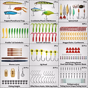 TRUSCEND 232Pcs Essential Fishing Lures Kit, Giftable Fishing Bait Gear Kit for Freshwater, Bass Fishing Tackle Box with Tackle Included Soft Lures, Crankbait, Hook, Weights, Other Accessories for Men