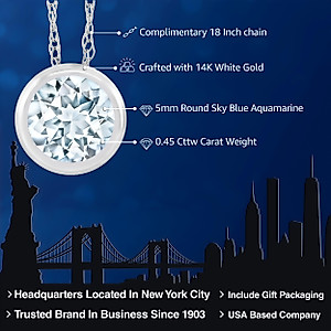 Gem Stone King 14K White Gold Sky Blue Aquamarine Pendant Necklace For Women (0.45 Cttw, Gemstone March Birthstone, Round 5MM, with 18 Inch Chain)