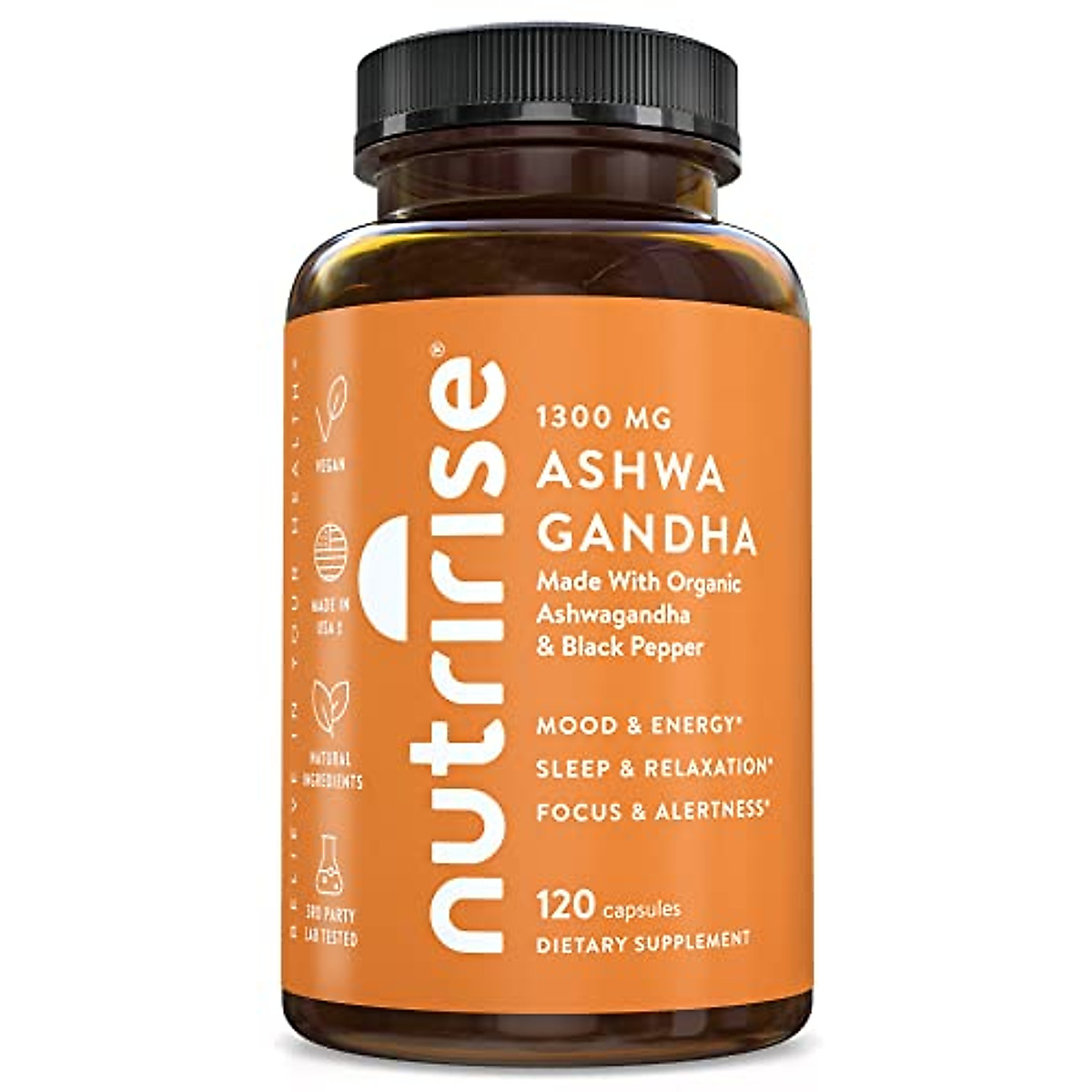 NutriRise Organic Ashwagandha Root Capsules with Black Pepper, 1300mg, Natural Stress & Mood, Thyroid, and Immune Support Supplement, Nootropic for Focus & Energy, Gluten Free, 120 Count