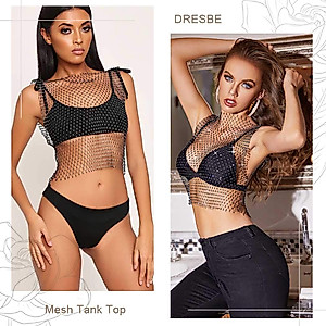 DRESBE Rhinestone Mesh Body Chains Hollow Tank Tops Bikini Crop Top Party Body Jewelry Accessories for Women and Girls (Black-O Neck-L)