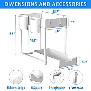 SUPPNEED 2-Tier Under Sink Organizer and Storage,Sliding Under Bathroom Cabinet Storage Drawer Organizer with Hooks, Hanging Cups, Multi-purpose Under Sink Shelf Organizer, White, 2 Pack