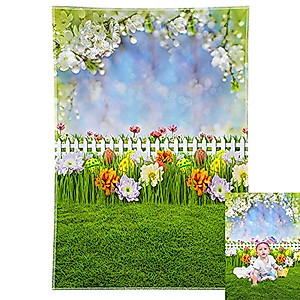 Swepuck 5x7ft Durable Fabric Easter Backdrop Spring Flowers Green Grass Fence Eggs Bokeh Sky Photography Background Baby Kid Children Portrait Floral Party Decoration Photo Booth Studio Props