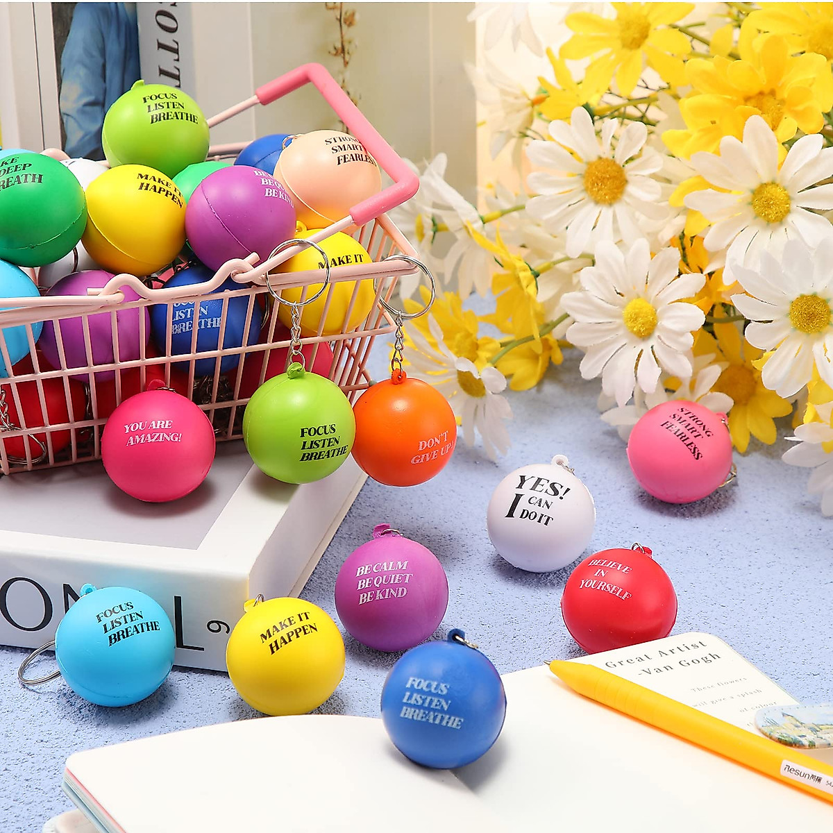 Zhehao 36 Pcs Motivational Stress Balls Keychains Inspirational Foam Stress Relief Balls with Quotes Keychain Encouraging Fun Keychains for Kids Student Adult Relieve Anxiety Party Bag Fillers